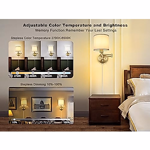 Plug in Wall Sconces with Remote Control, Dimming 10%-100% & Adjustable Colors 2700K-6500K, Hardwire or Plug-in, Swing Arm Wall Lamp with White Fabric Shade, Wall Sconces Set of Two, Gold Finish