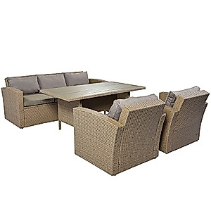 DHPM 4 Piece Patio PE Rattan Wicker C, Outdoor Sectional Conversation Furniture Chair Set Table, 3 Sofa with Cushions, 5 Seats for Garden, Poolside, Backyard, Gray