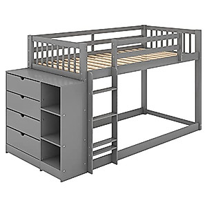 P PURLOVE Twin Over Twin Bunk Bed with Attached Cabinet and Shelves Storage, Wooden Bunk Bed Frame with Ladder and Guardrail, for Teens Girls Boys, Gray