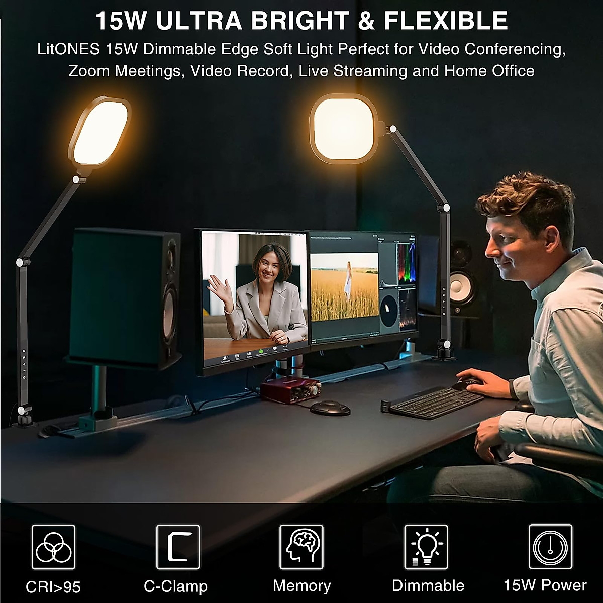 LitONES 2 Packs Desk Light - Desktop Light with Clamp for Video Conference Lighting，Computer Webcam Lighting for Zoom Meeting Video Calls Task Drafting, Swing Arm Desk Lamps for Home Office