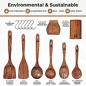 Wooden Spoons for Cooking, Wooden Cooking Utensils Set with Holder & Spoon Rest, Teak Wood Spoons and Wooden Spatula for Cooking, Nonstick Natural and Healthy Kitchen Cookware, Durable Set of 13pcs