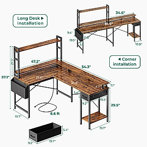 Huuger L Shaped Desk Computer Desk with LED Lights & Power Outlets, Gaming Desk with Storage Shelves, Corner Desk Home Office Desks for Bedroom, Rustic Brown