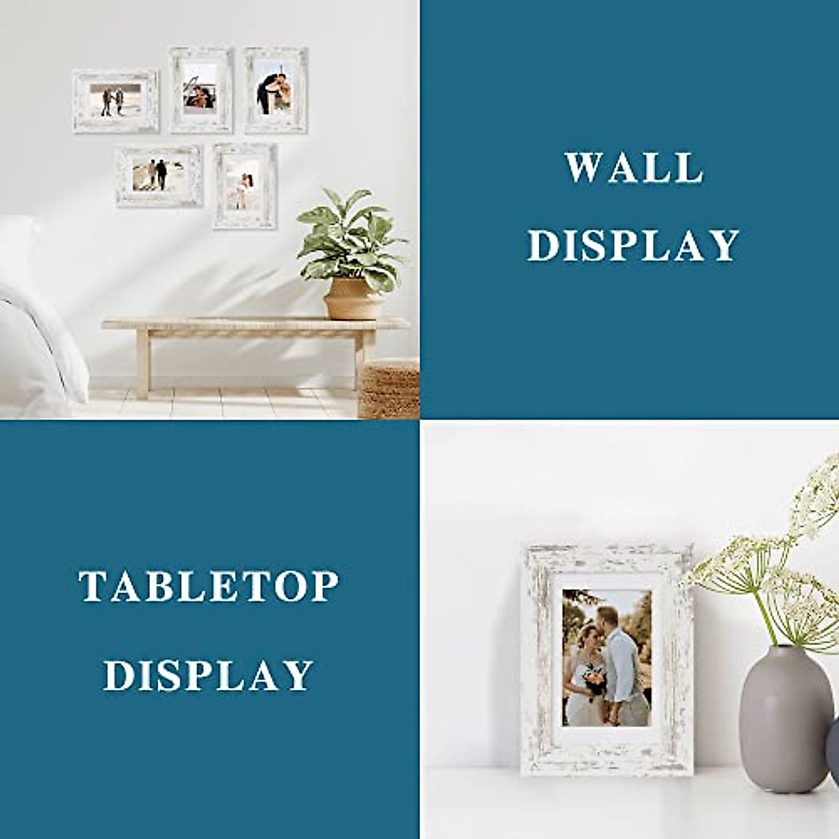 Hongkee 4x6 Picture Frame Set of 4, with Real Glass and Distressed White Wood Frame, Multi 4 by 6 Picture Frame for Wall or Tabletop Display, Display Picture 3.5x5 with Mat or 4x6 Without Mat