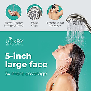 LOKBY Water Saving High Pressure Shower Head with Handheld Set - Detachable Rain Shower Head Set 6-Mode for Low Flow - Removable Hand Held Shower Head with Hose 59'' - No Tool 1-Min Install - Nickel