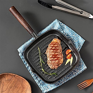 JUSTUP Cast Iron Square Grill Pan, Nonstick Grill Pan with Pour Spouts, Pre-Seasoned Ridged Skillet with Heat Resistant Handle, Cooking Pan for Steak, Egg, Bacon,PFOA Free (Black)