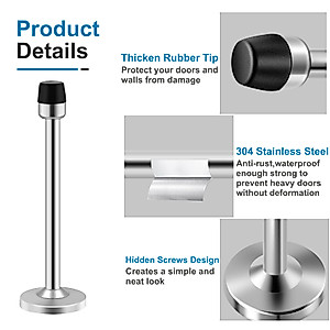 Door Stoppers 6 inch Door Stops Heavy Duty RustProof Stainless Steel Screw-in Door Holder with BabyProof Black Rubber Bumper Tips - Protects Your Walls - Long Door Stop Silver 1 Pack
