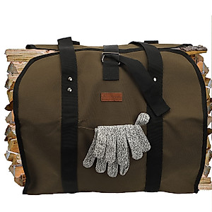 KIM YUAN Free Standing Firewood Log Carrier Tote Outdoor Bag with Double Straps for Camping, BBQ Barbecue or Fireplace(Gloves Included)