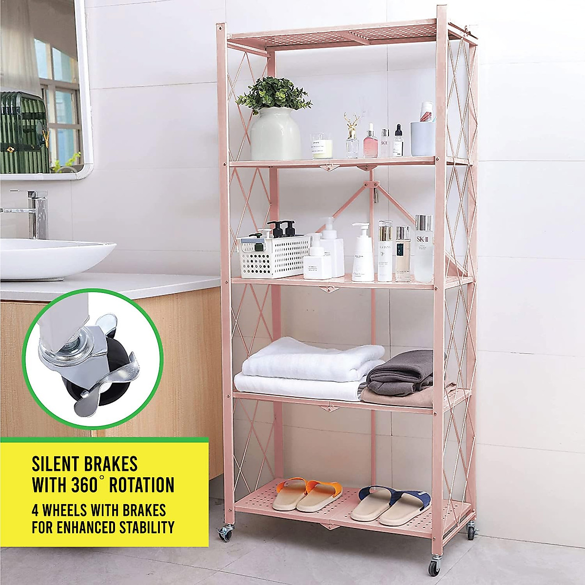 Letusto Foldable Collapsible Shelf with Wheels & Breaks - Folding Shelf Heavy Duty Metal Frame Pantry Shelving Unit - Origami Bookcase - No Assembly Bookshelf (Pink, 5 Tier)
