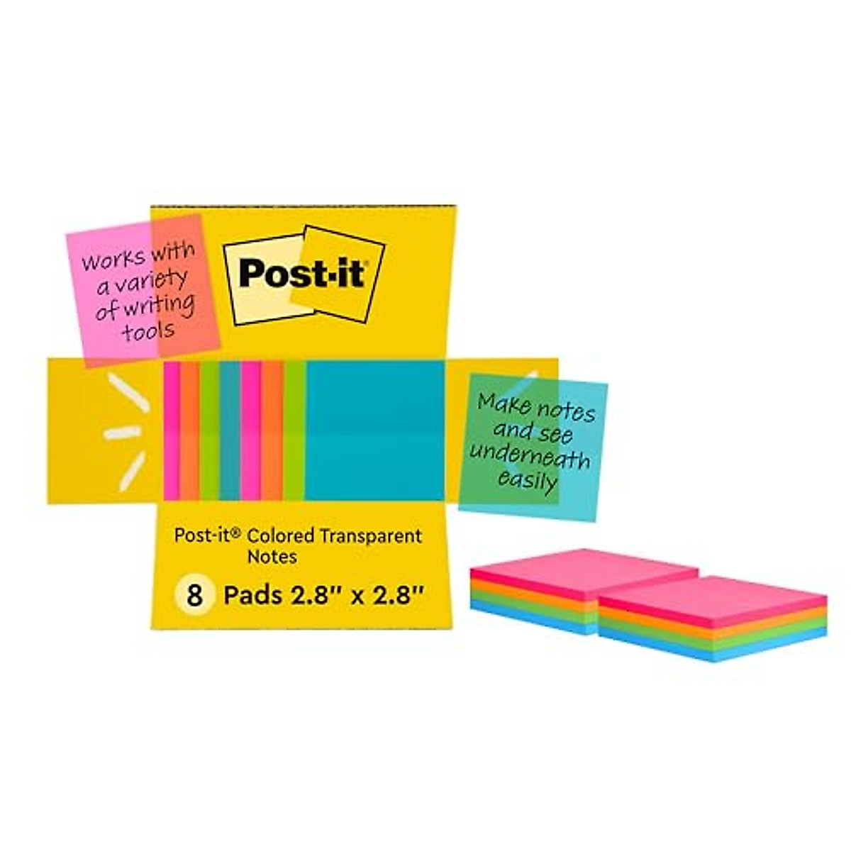 Post-it Transparent Notes, 2.8 in. x 2.8 in., Blue, Pink, Green and Orange Sticky Notes, School Supplies, Office Products, Great for Studying, 8 Pads