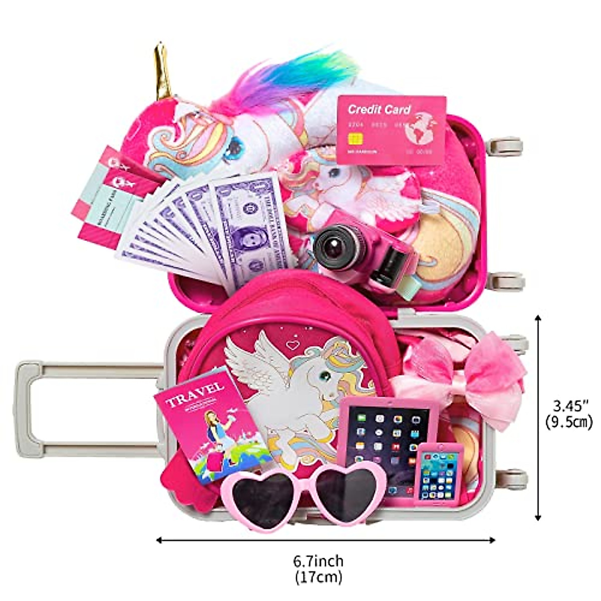 UNICORN ELEMENT 15Pcs 18 Inch Girl Doll Clothes and Accessories, Travel Suitcase with Unicorn Luggage Play Set Including Suitcase, Schoolbag, U-Shaped Pillow, Glasses, Camera, etc (Not Doll)