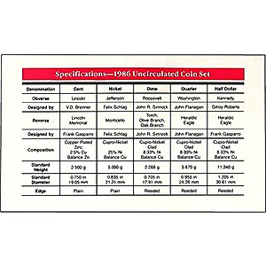 1986 Various Mint Marks P & D United States US Mint 10 Coin Uncirculated Mint Set Uncirculated