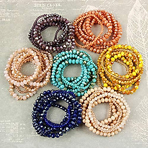 RIAH FASHION Bohemian Multi-Layer Beaded Stacking Statement Bracelets - Versatile Stretch Strand Sparkly Crystal Beads Wrap Slip-on Cuff Bangle Set (7 Layer Sparkly Beads - Gray)