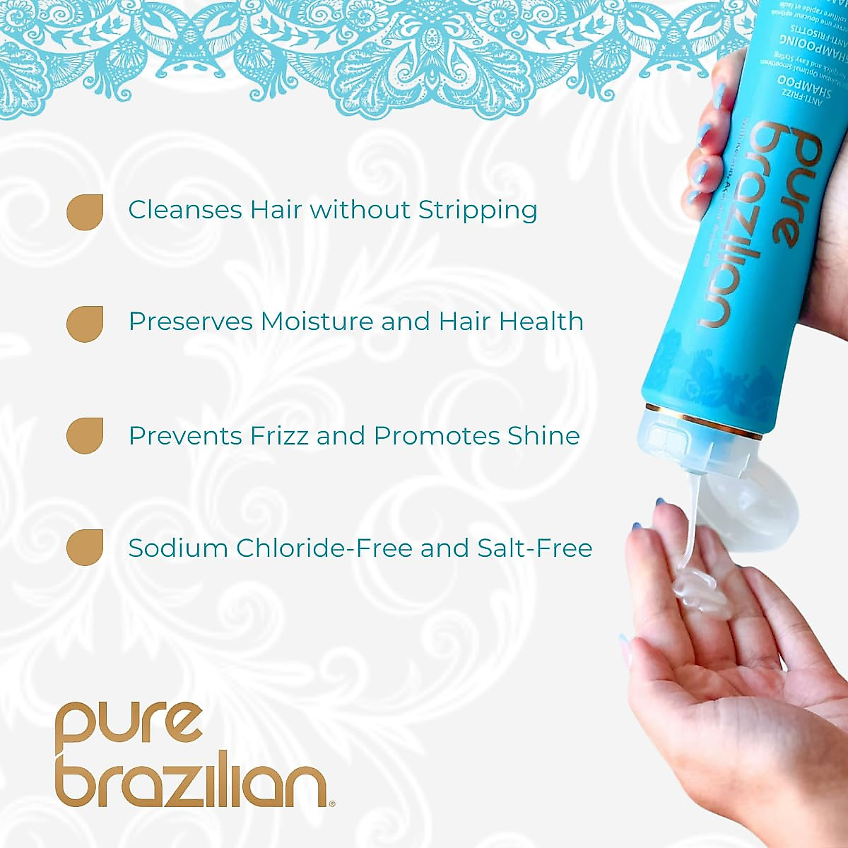 Pure Brazilian Anti-Frizz Daily Shampoo, Salt-Free, Color Safe, with Keratin, Argan Oil & Acai for Prolonged Treatment & Smooth Hair, 13.5 O