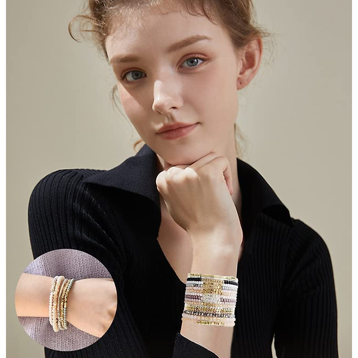 SAMOCO 17Pcs Boho Beaded Bracelets for Women Colorful Stackable Sparkly Crystal Beads Bracelets Multi-Layer Versatile Statement Bracelets Stretch Cuff Jewelry Gifts