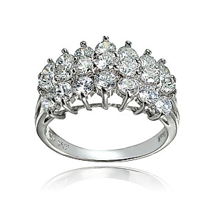 Hoops & Loops 925 Sterling Silver Cubic Zirconia Three Row Half Eternity Anniversary Fashion Statement Wedding Bridal Ring for Women, Teen Girls, Silver Size 7