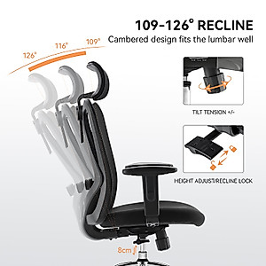 XUER Ergonomic Office Chair, Mesh Computer Desk Chair with Adjustable Sponge Lumbar Support, Thick Cushion, PU Armrest and Headrest, High Back Swivel Home Office Task Chair for Work (Grey)…