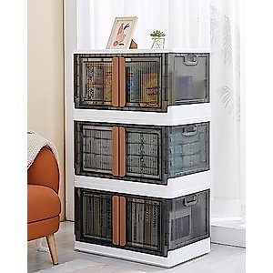 XTACO 3 Pack Stackable Storage Bins with Lids, 8.4 Gal Collapsible Storage Bins, Wardrobe Closet Organizer, Foldable Plastic Storage Container with Door, Crate for Book Storage