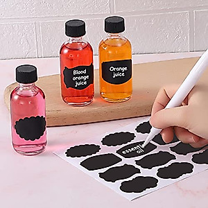 MMonDod (Pack of 72) 2oz Small Clear Glass Bottles(60ml) with Lids Boston Round Travel Bottles for Vanilla Hot Sauce Juice Whiskey Liquid come with 72 Labels,5 Funnels,5 Droppers,1 Brush&Chalk Marker