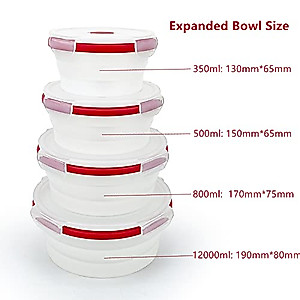 CARTINTS Reusable Collapsible Bowls for Camping, Silicone Food Grade Storage Containers, Silicone Lunch Containers for Microwave, Freeze or Store, Leakproof, Set of 4,Red