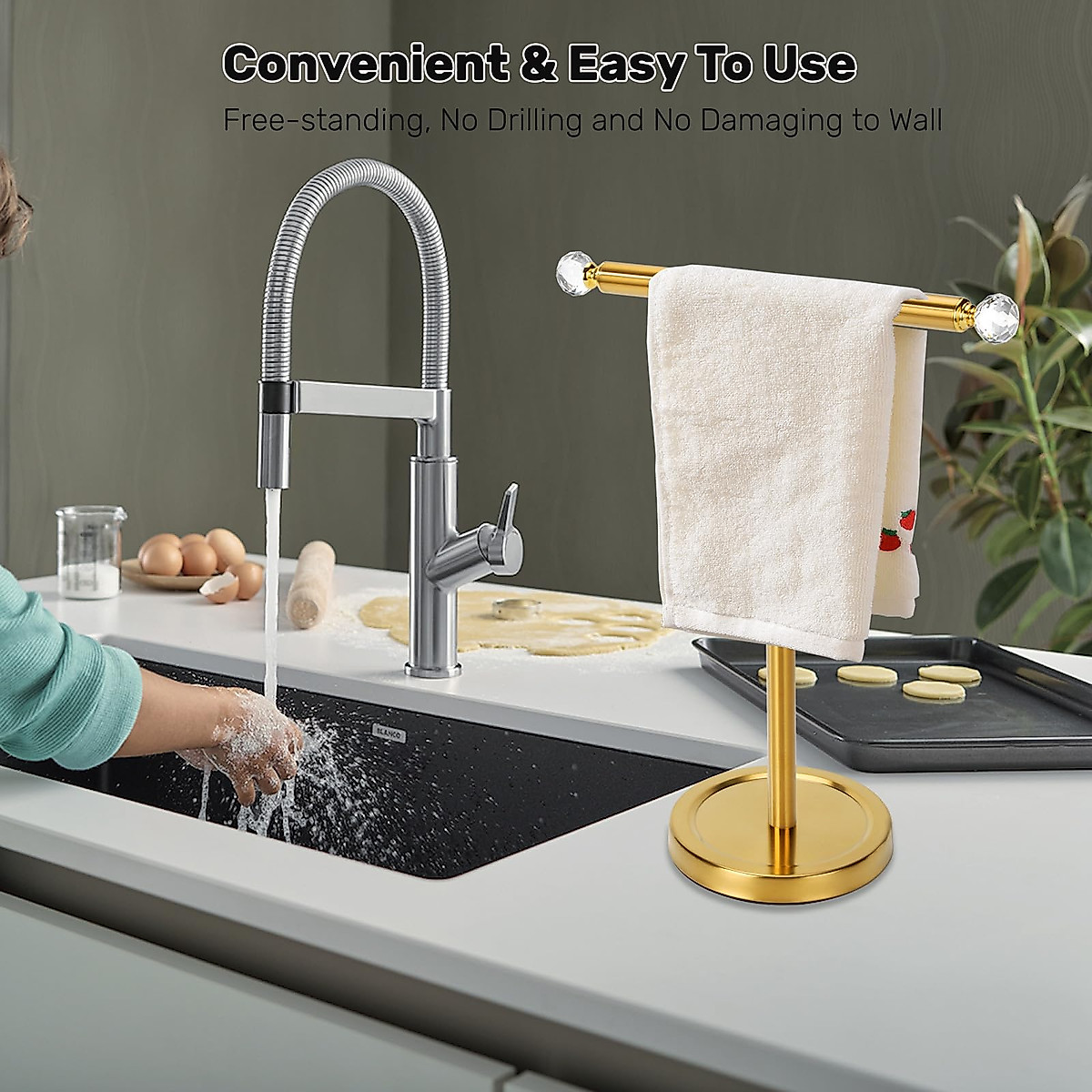 Noonext Gold Hand Towel Holder, Freestanding Hand Towel Rack with Heavy Base, Stainless Steel Towel Holder Countertop for Bathroom (Brushed Gold)