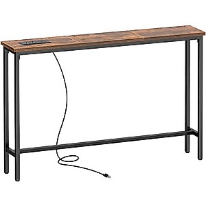 SUPERJARE 5.9 Inch Console Table with Outlet, Sofa Table, Behind Couch Table, 5.9 x 39.4 x 29.1 Inches, Metal Frame, Narrow Entryway Table, for Living Room, Hallway, Rusitc Brown