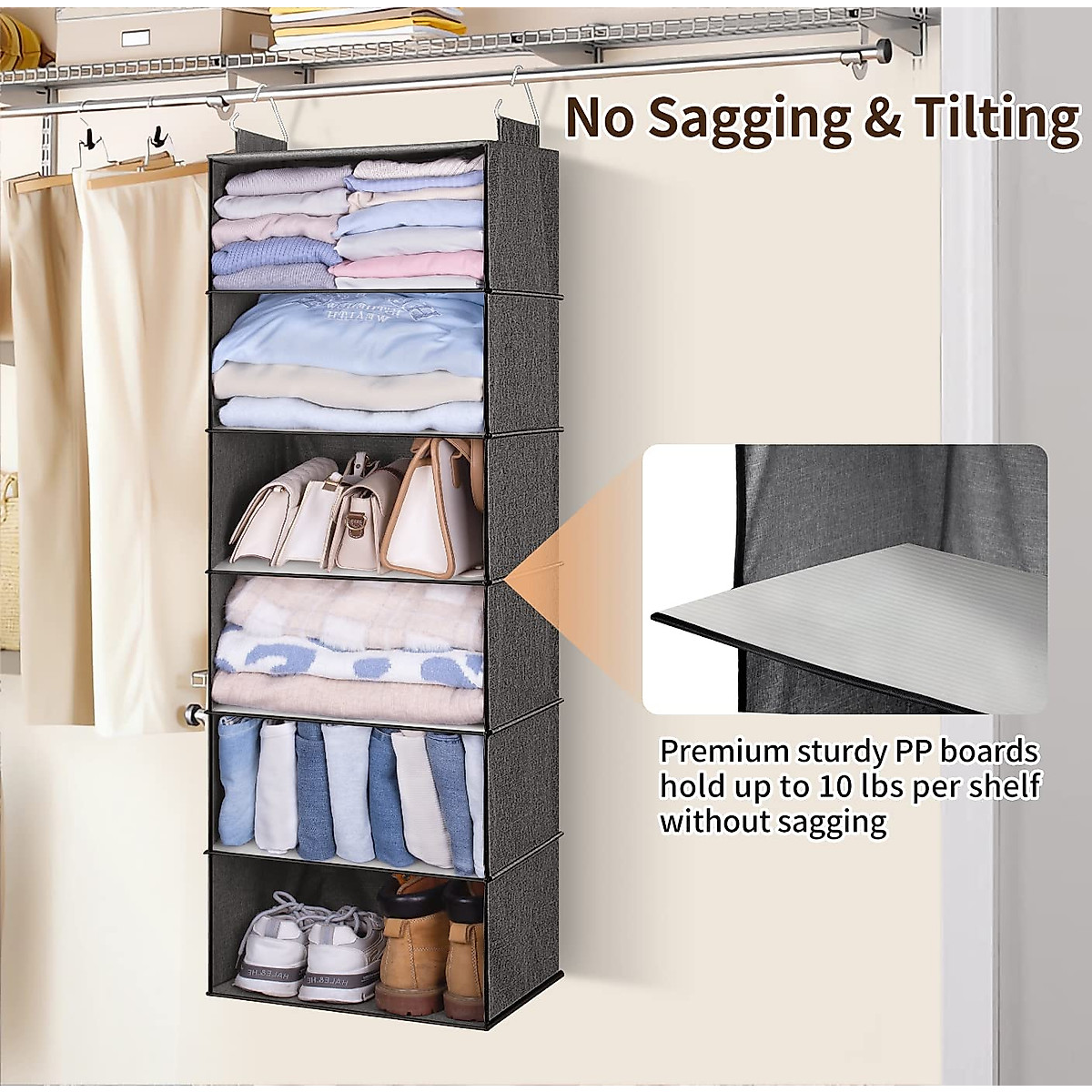 SLEEPING LAMB 6 Shelves Jumbo Hanging Closet Organizer and Storage, Hanging Clothes Organizer for Sweaters, Blankets and Coats in Wardrobe, Bedroom, Living Room, Grey