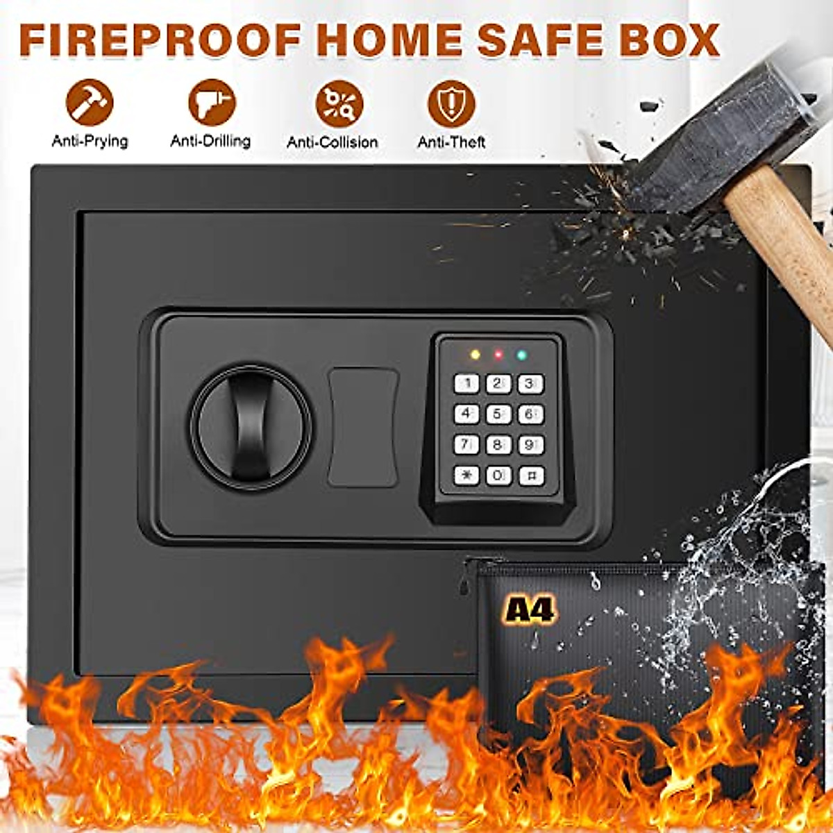 1.0 Cubic Safe Box Fireproof Waterproof with Digital Keypad Key, Anti-Theft Fireproof Safe with Fireproof Money Bag, Security Home Safe for Pistol Money Medicine Important Documents