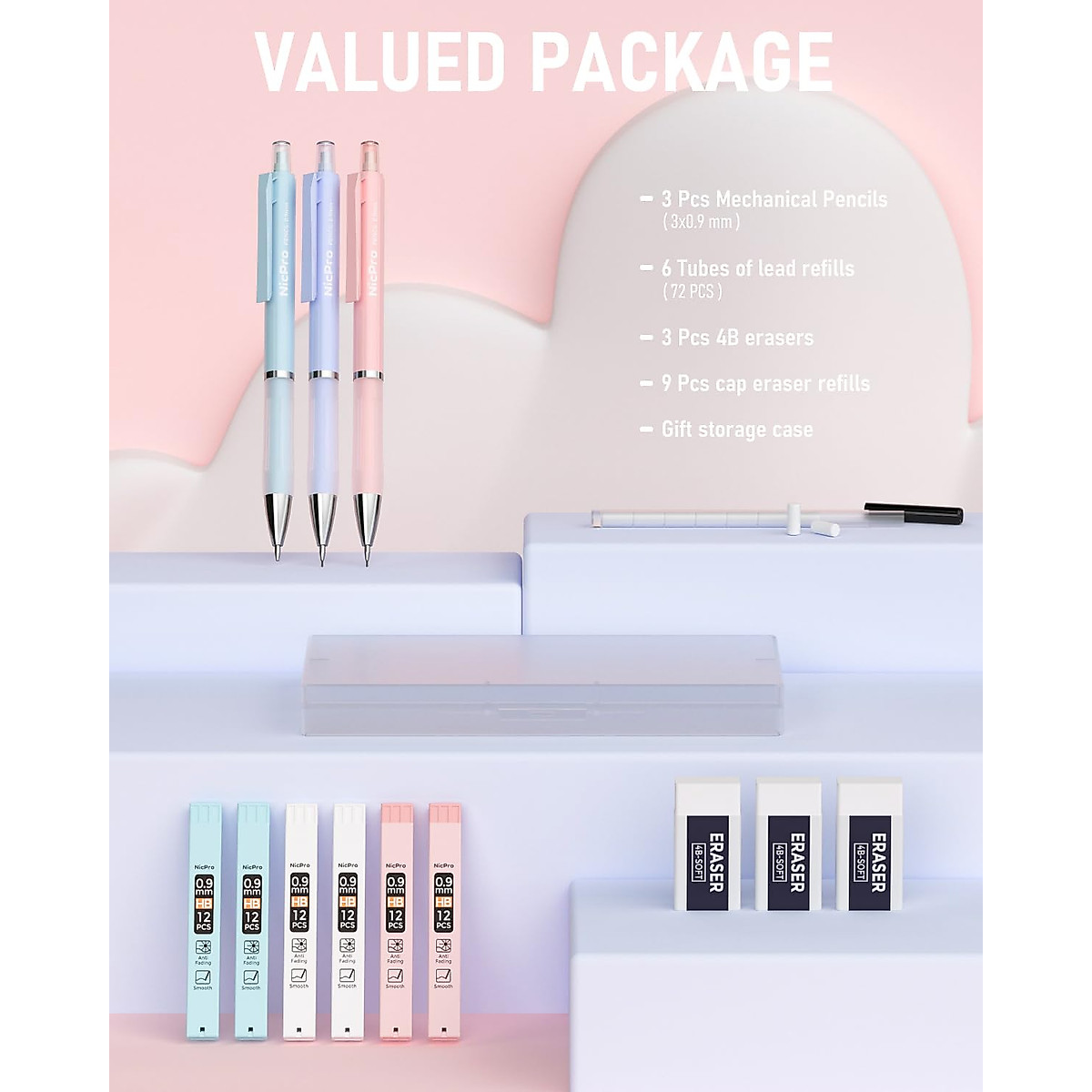Nicpro 3PCS Pastel Mechanical Pencil Set, 0.9 Mechanical Pencil with 6 Tubes HB Lead 0.9mm, 3PCS Eraser & 9PCS Eraser Refill, Cute School Supplies for Writing, Sketching, Drafting-With Case