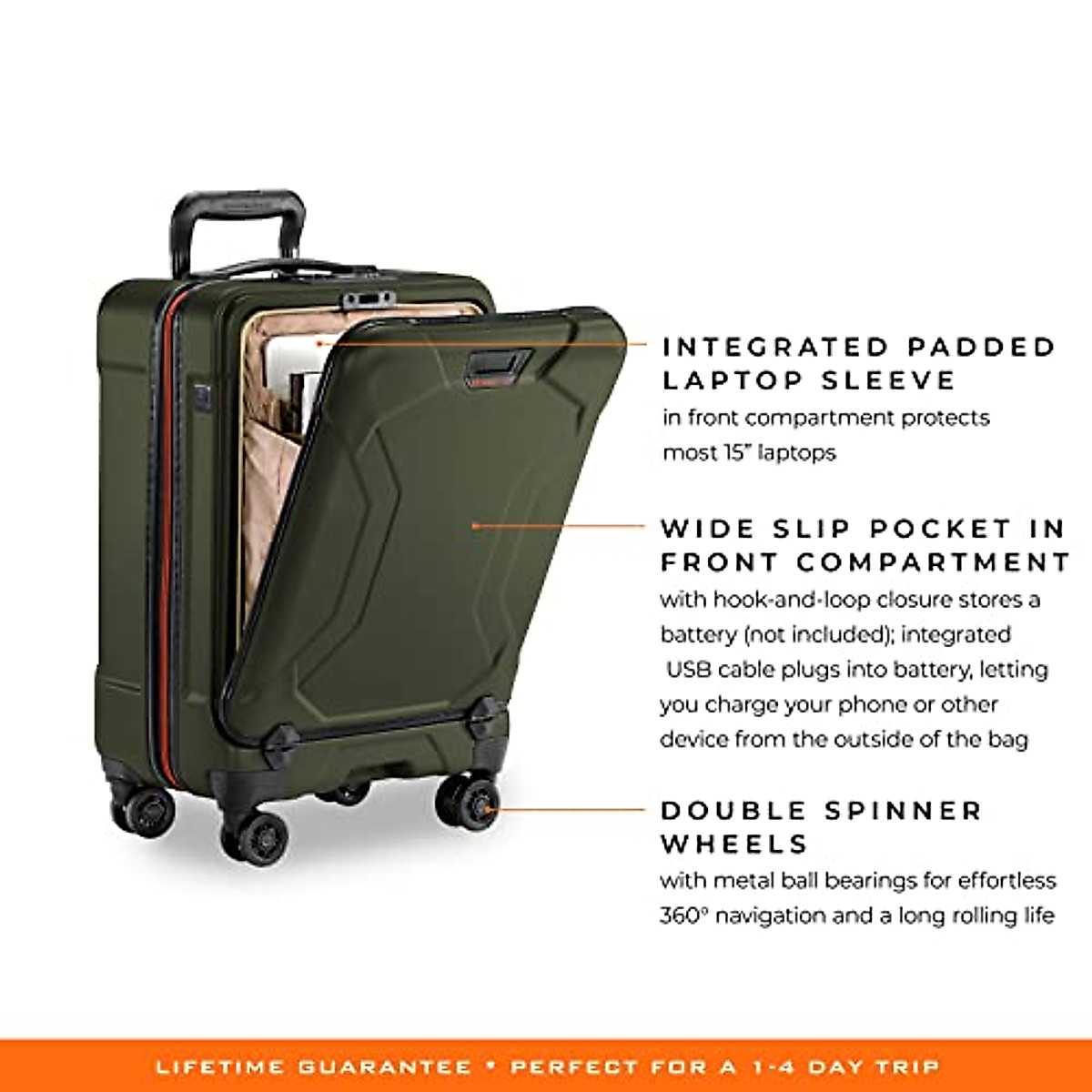 Briggs & Riley Torq Hardside Carry On Luggage with Spinner Wheels 22 inch. USB Charging Port, TSA-Friendly Locks, Easy Access Hinged Front Pocket, Green