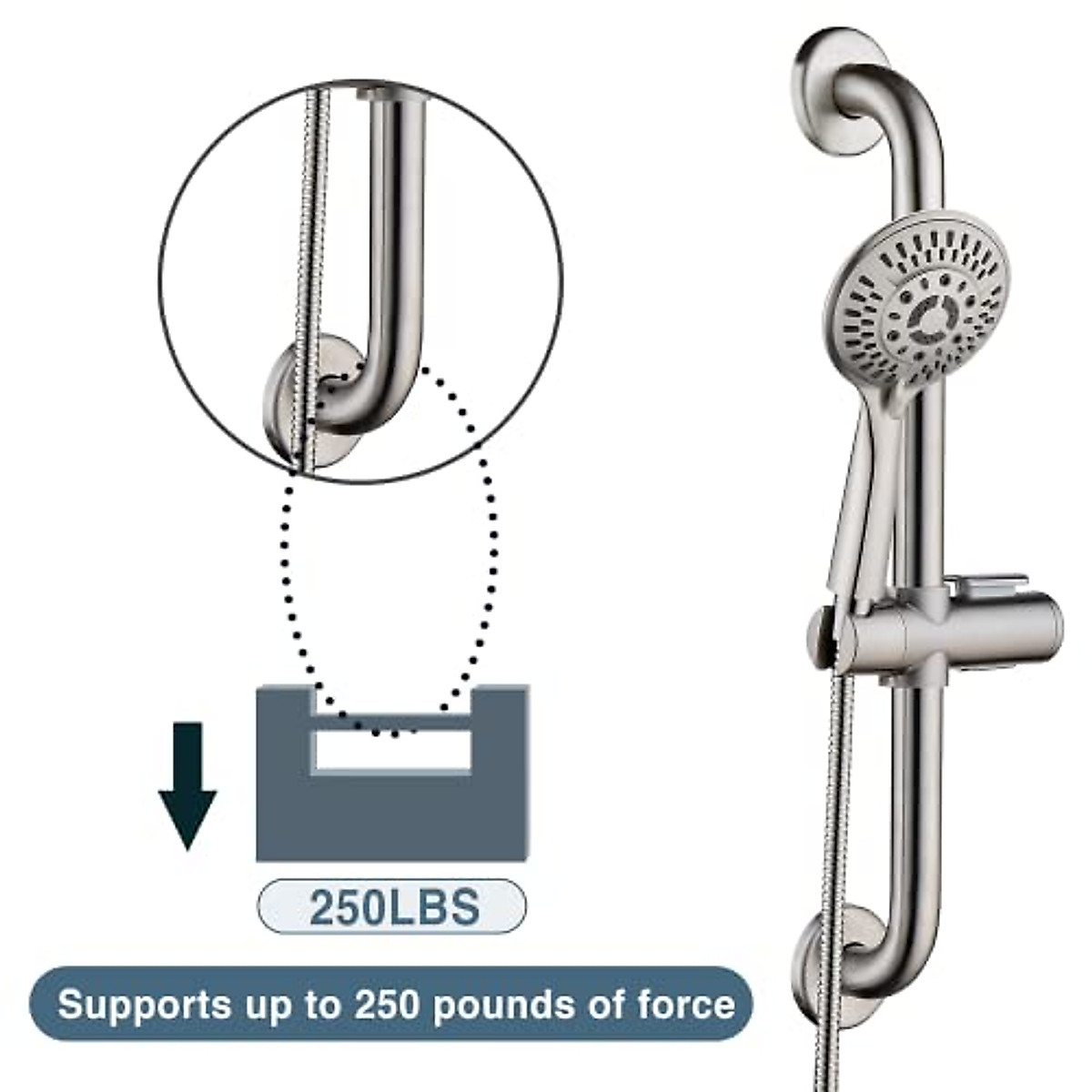 BRIGHT SHOWERS Stainless Steel Slide Bar Grab Rail Set Ada Compliant Includes Handheld Shower Head and 69-Inch Hose (Brushed Nickel)
