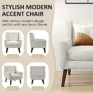 UIXE Comfy Arm Accent Chairs for Bedroom, Mid Century Modern Armchair Living Room Sofa Chair with Wooden Legs, Linen Fabric Button Tufted Upholstered Reading Chair for Home Office (Beige)