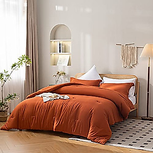 JANZAA Queen Comforter Set 7 Piece Bed in a Bag Queen Comforter Set with White Sheets Terracotta Bedding Sets Soft Pillow Cases and Shams, Fitted Sheet, Flat Sheet for All Season