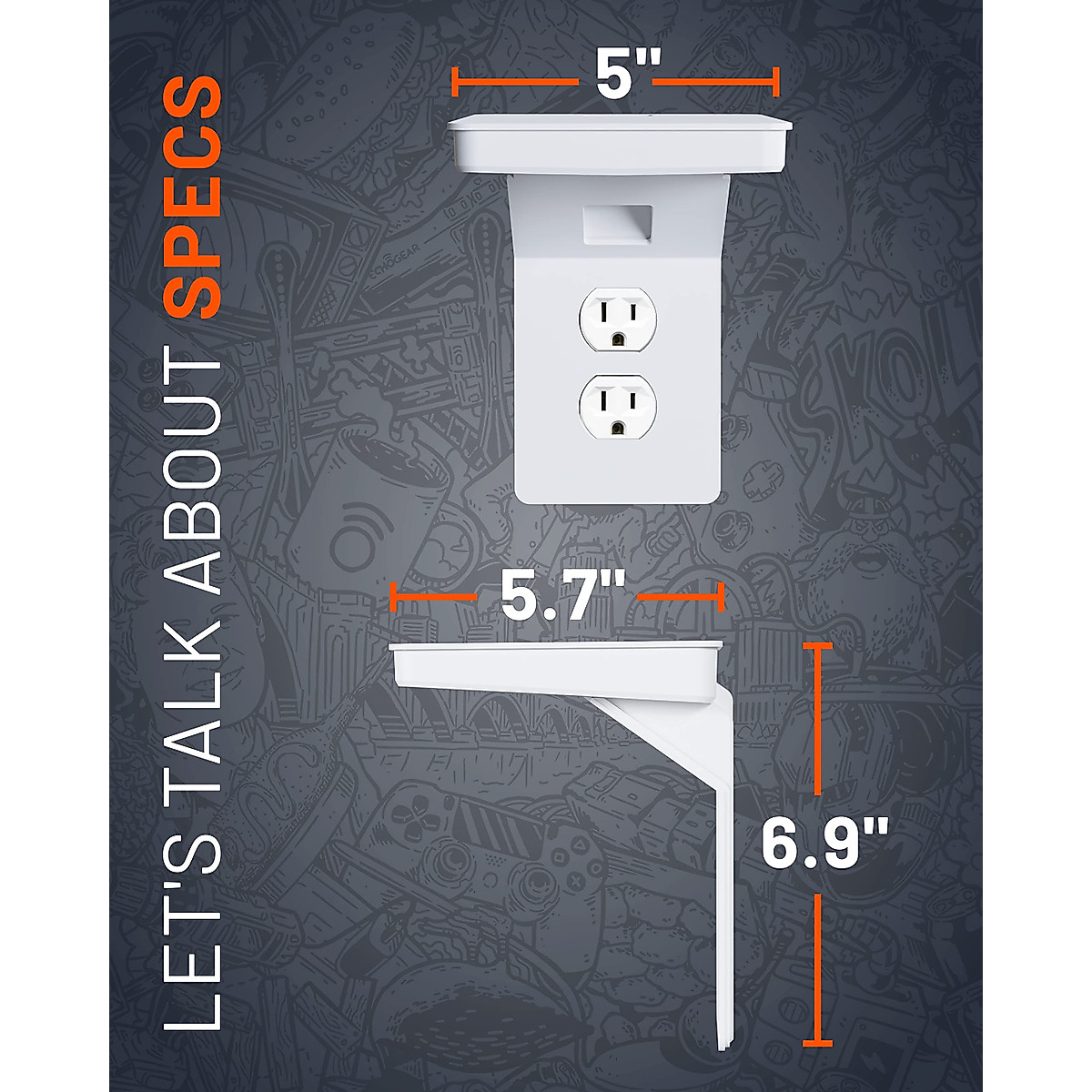ECHOGEAR Outlet Shelf for Standard Outlets - Next-Gen Design with Built in-Cord Storage & Room for Bulky Plugs - Quick Install with Included Hardware