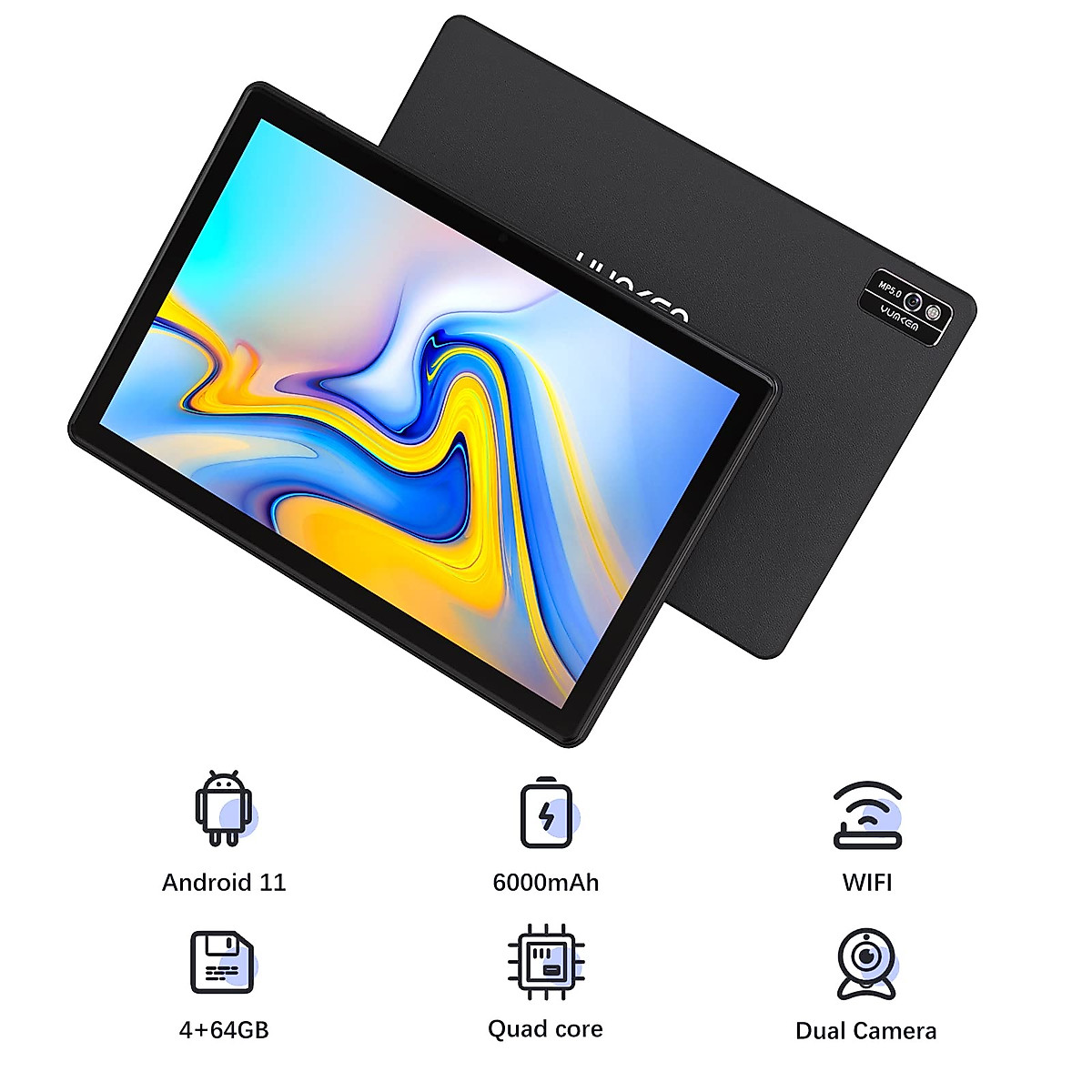 YUMKEM Tablet 10.1 inch, 4GB RAM 64GB Storage, Android 11 Go, 10 inch Android Tablets, 1280 X 800 IPS HD Display, Large Battery, Dual Camera, WiFi Only, Black