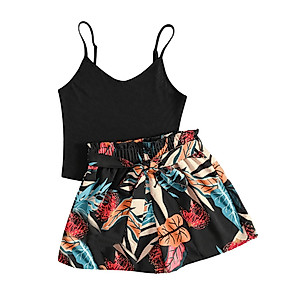 SOLY HUX Women's 2 Piece Outfits Summer Cami Top with Shorts Set Tropical Leaf Black S