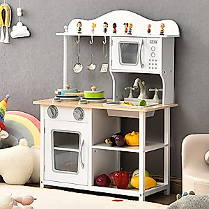 Costzon Kids Kitchen Playset, Wooden Play Kitchen w/Sink, Oven, Microwave, Stove, Pots, Utensils, Pretend Play Cooking Set w/Shelf, Cabinets, Great Gift for Toddlers Boys Girls