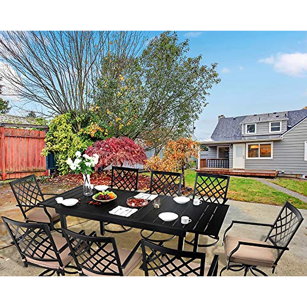 MFSTUDIO 9PCS Outdoor Patio Dining Set, 8 Armrest Stackable Swivel Chairs, 1 Rectangular Expandable Table, Porch Lawn Backyard Garden Furniture Sets