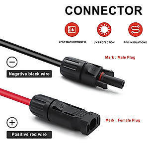 Feotech Twin Wire 75FT Solar Extension Cable - 10AWG(6mm²) Solar Panel Connector, with 6 Pairs-IP67-Male/Female Solar connectors for Outdoor Automotive RV Boat Marine Solar Panel- Black & Red