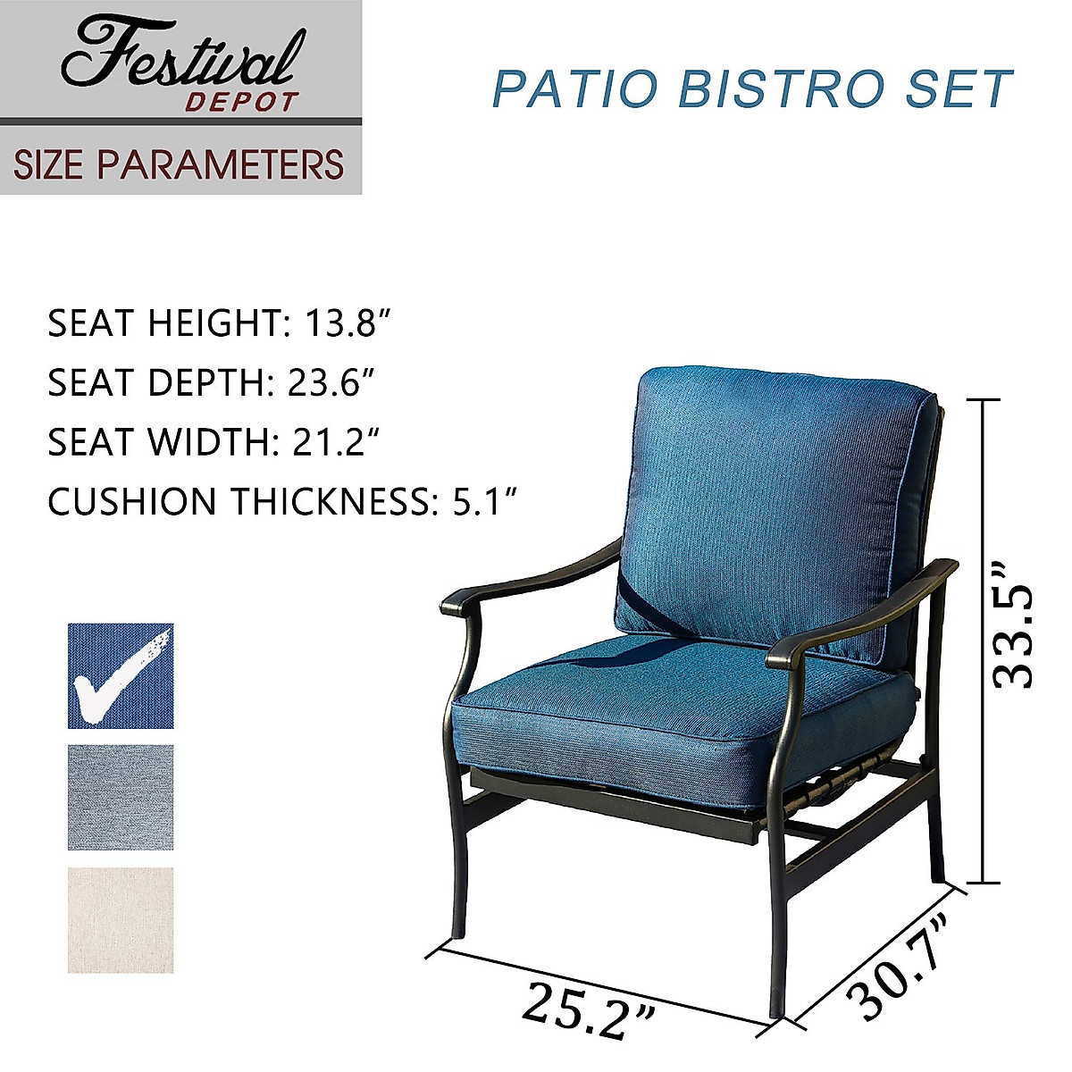 Festival Depot Patio Set of 2 Dining Chairs with Thick Cushions Metal Frame Outdoor Furniture for Bistro Deck Garden (Blue)