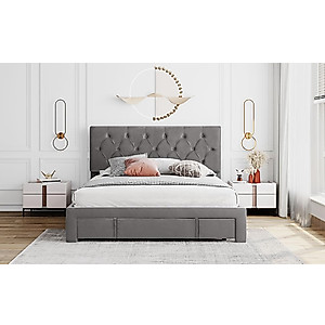 FEELHOME Queen Size Storage Bed with Drawer, Velvet Upholstered Platform Bed Frame with A Big Drawer and Headboard, Wooden Slat Support, Bedroom Furniture, Grey