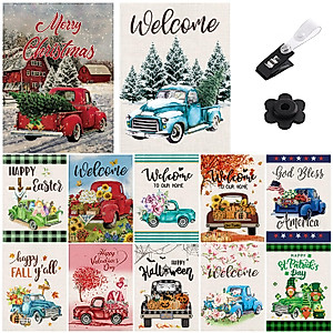 Seasonal Garden Flags Set Set of 12 Double Sided 12x18 Inch Christmas Garden Yard Flag, Winter Welcome Holiday Garden Flags with Truck Small Garden Flags for All Seasons for Outside Indoor Home