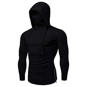Mens Face_Cover Turtleneck Sports Short/Long Sleeve Sweatshirt Hooded Splice Large Open-Forked Male Anime Jacket Shirt Blouse A-black