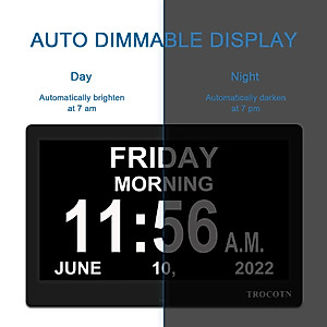 TROCOTN 10 Inches Calendar Clock Dementia Clock Large Display Alarm Clock with Auto DST for Seniors, 5 Display Modes Large Font Digital Clock with Custom Alarms Day Date Clock Wall Clock(Black)