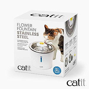 Catit Stainless Steel Flower Fountain with Triple Action Filter, Cat Drinking Water Fountain, 3 L