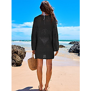 ANRABESS Women Swimsuit Crochet Swim Cover Up 2025 Summer Bathing Suit Swimwear Mesh Knit Beach Dress Vacation Outfits Black Medium