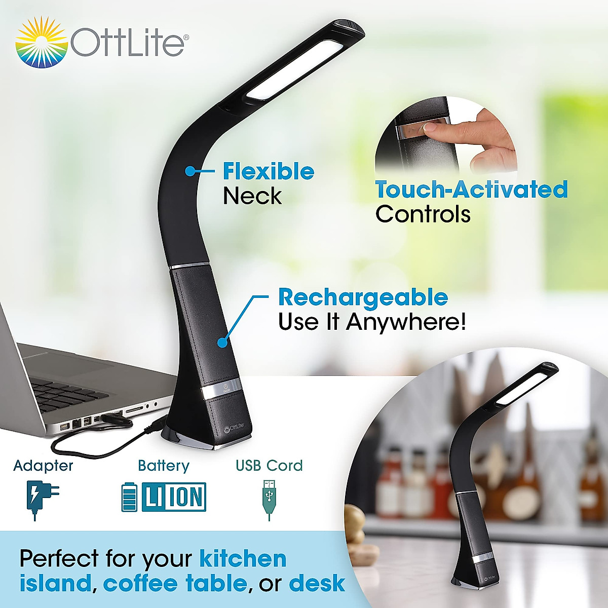 OttLite Recharge LED Desk Lamp with ClearSun LED Technology - Portable, Dimmable & Flexible Gooseneck - Travel-Friendly Task Lamp with Rechargeable Battery - for Home, Reading, Office & College Dorms