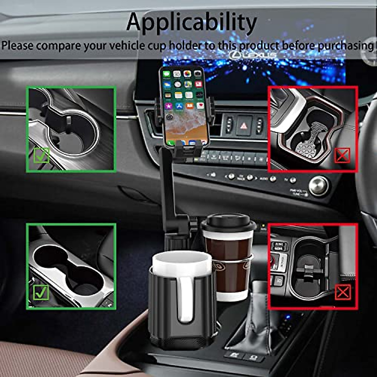 WUITIN Car Cup Holder Phone Mount,Universal Auto Cell Phone Stand with Drink Expand Cup Holder,360° Rotation Compatible with All Mobile Phones and All Car