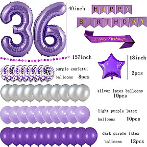 yujiaonly 36th Birthday Party Decorations Purple Happy Birthday Paper Banner Purple 40inch Number 36 Happy birthday Sash Latex and Confetti Balloons Perfect for 36 Years Old Party Supplies Balloons Number 36 Purple