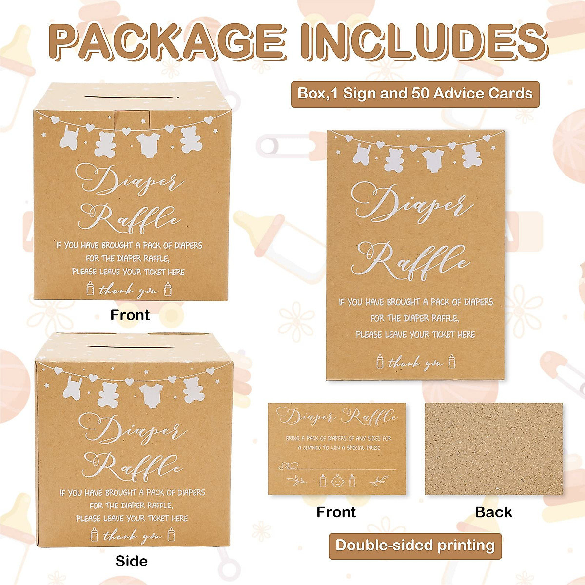 Whaline 50Pcs Diaper Raffle Tickets with Box and Card Sign Baby Shower Game Kraft Diaper Raffle Insert Invitation Card for Gender Reveal Baby Shower Table Centerpiece Party Favor Decoration