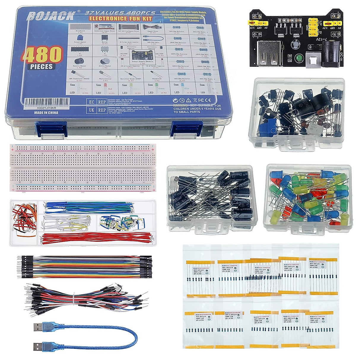 BOJACK 37 Values 480 Pcs Electronics Component Fun Kit with Power Supply Module, Jumper Wire,Precision Potentiometer,830 tie-Points Breadboard Compatible with STM32,Raspberry Pi,Arduino